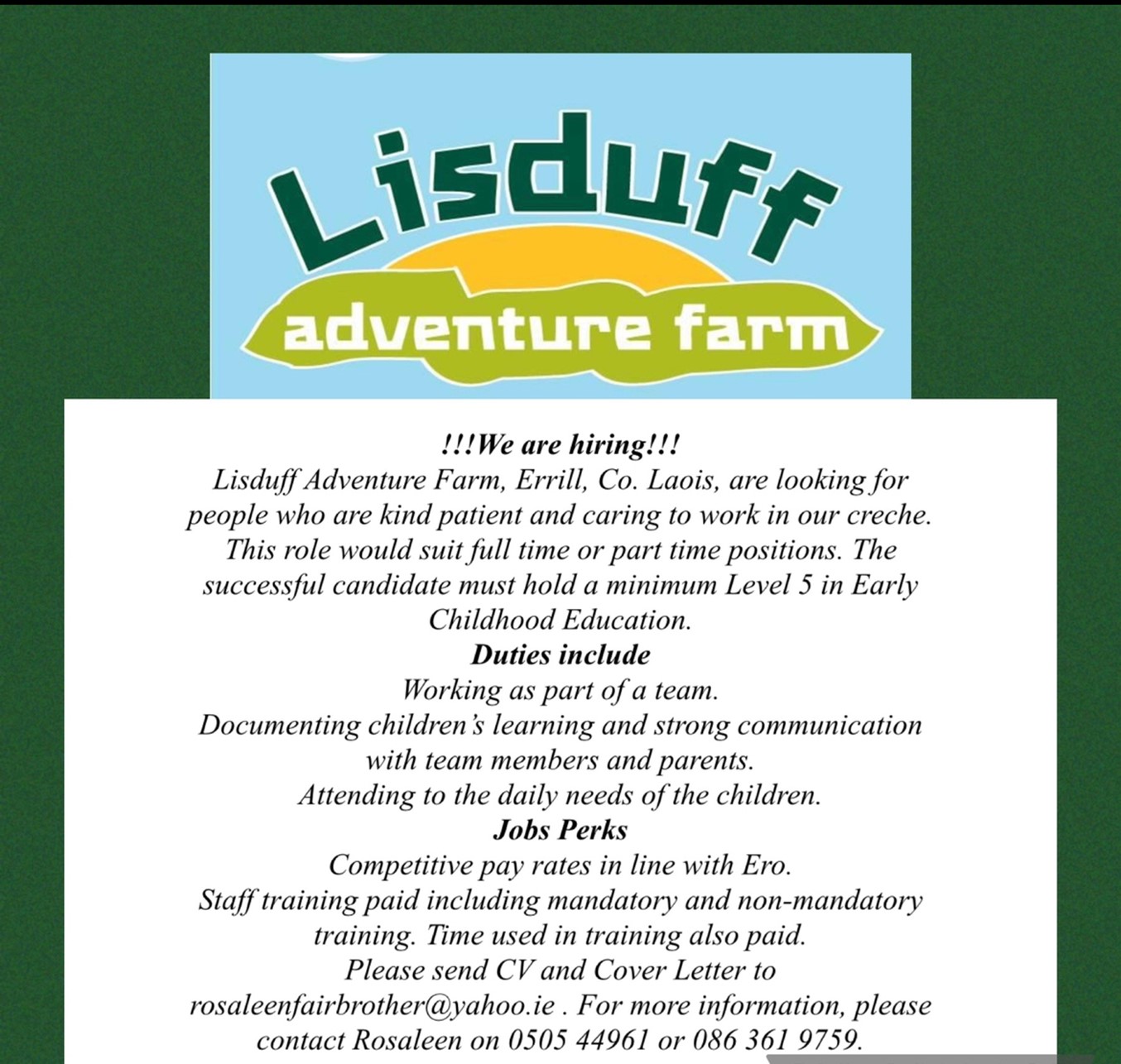 Lisduff Adventure Farm are hiring!!! - Laois County Childcare Committee
